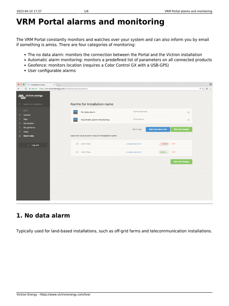 VRM Portal Alarms and Geofence Setup | PDF | Battery Charger | Hysteresis