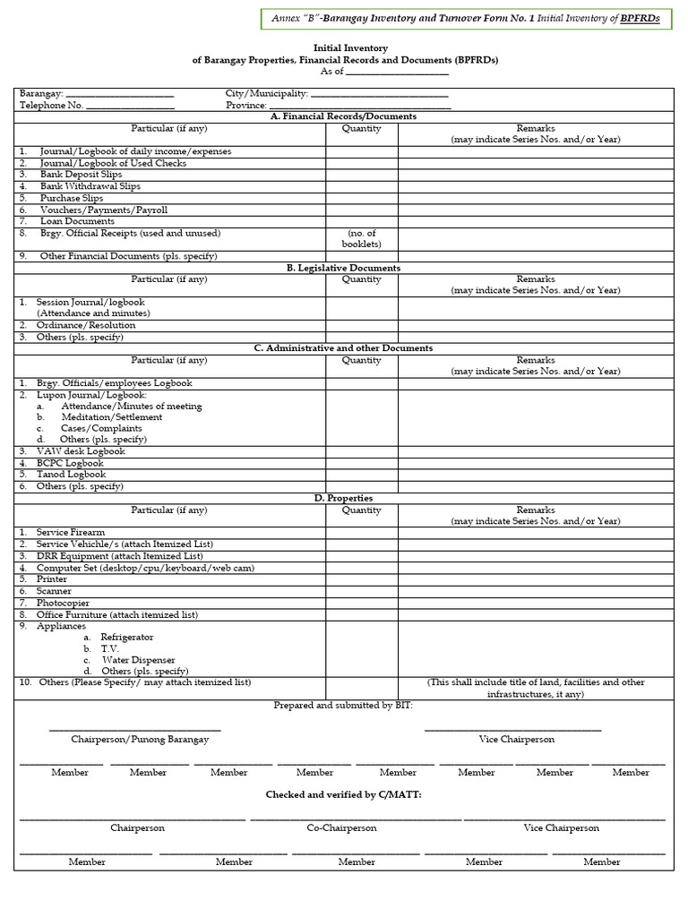 Annex "B"-Barangay Inventory and Turnover Form No. 1 Initial Inventory ...