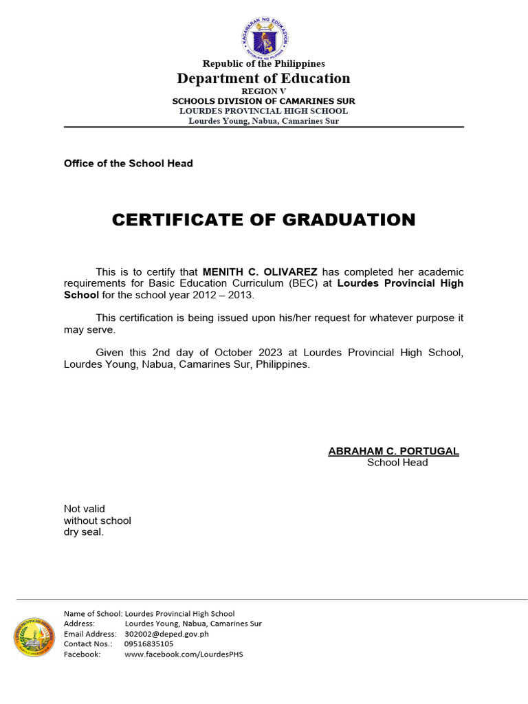 Lourdes Provincial High School Certificates | PDF | World Wide Web ...