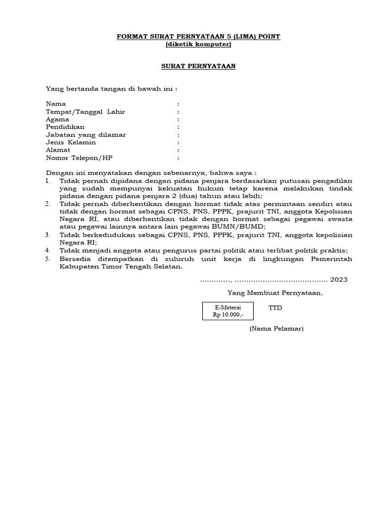 Contoh Surat Pernyataan 5 Point-1 | PDF Contoh Surat Pernyataan 5 Point-1 | PDF