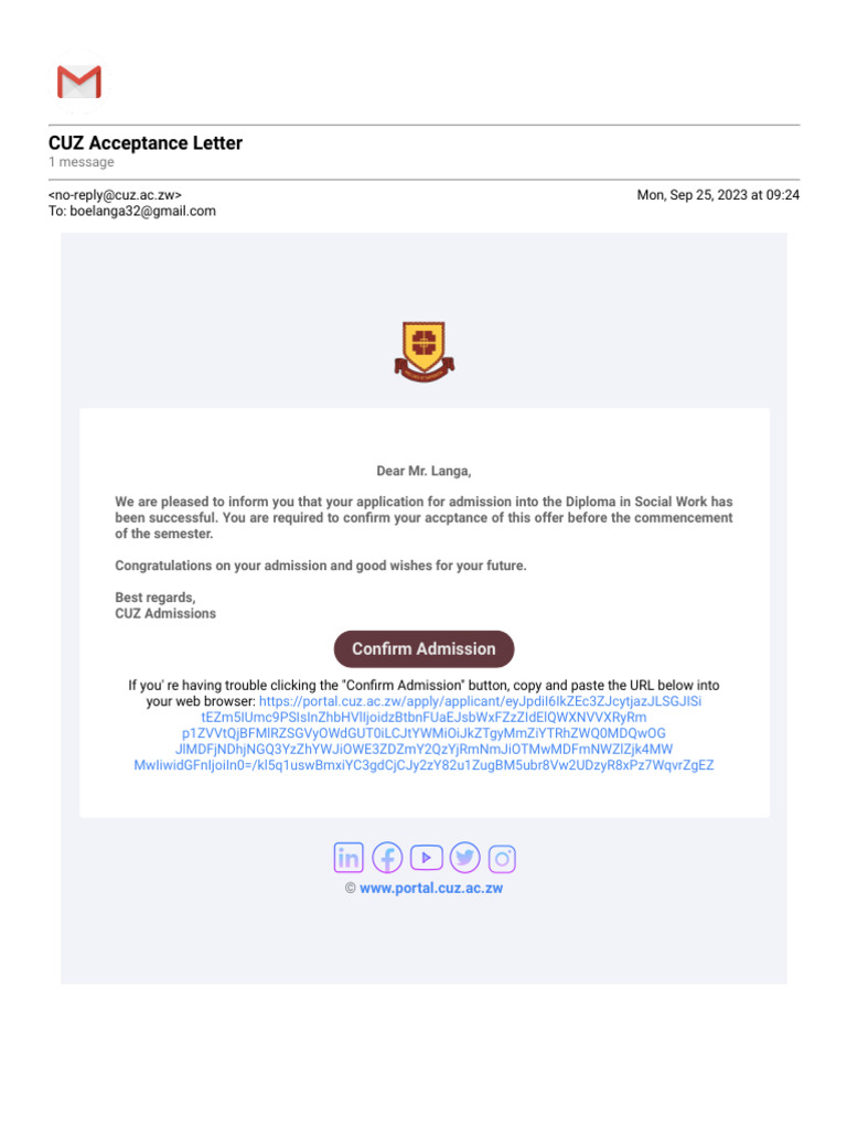 Gmail - CUZ Acceptance Letter | PDF