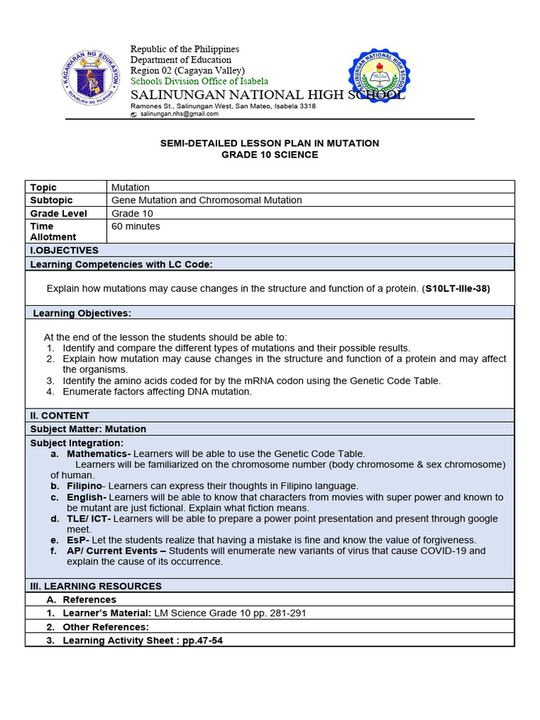 Lesson Plan Demo Mutation | PDF | Genetic Code | Mutation