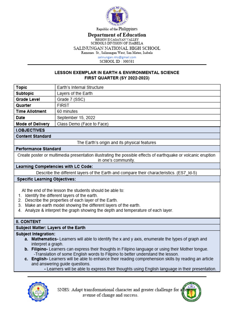 Demo Lesson Plan - Layers of The Earth | PDF