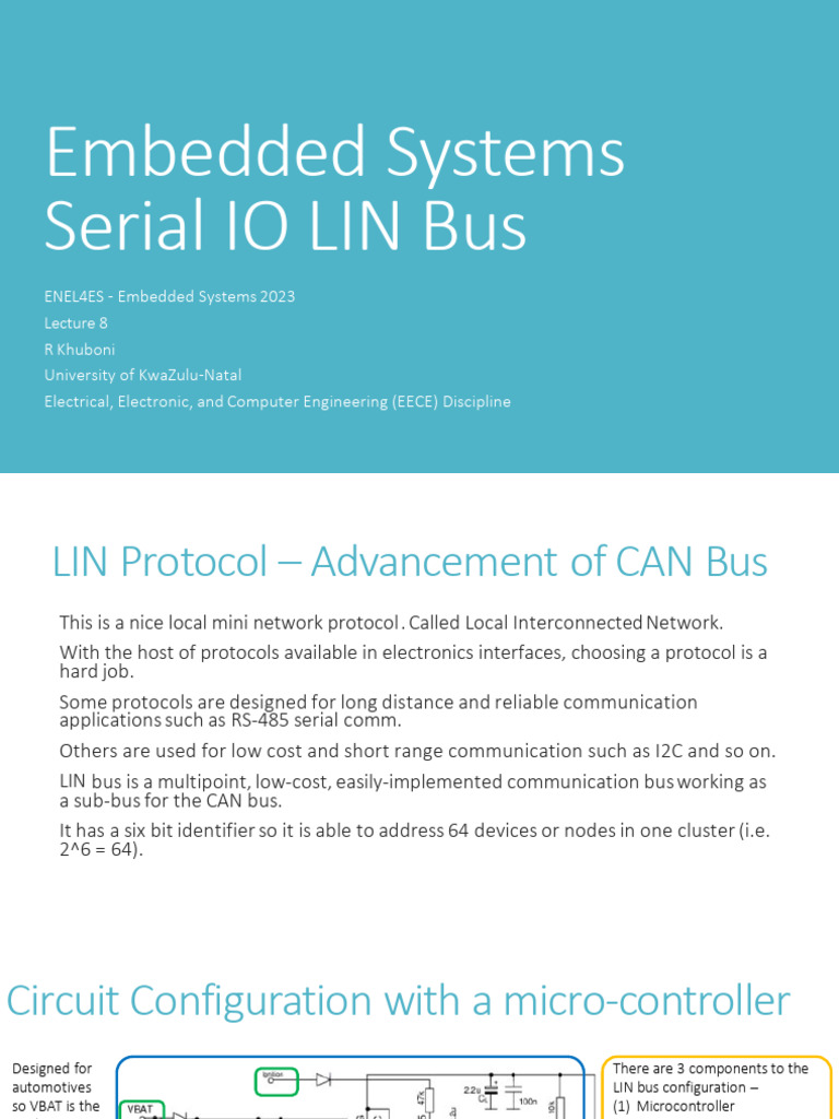 ES 2023 L7b Embedded System Interfacing Serial IO LIN Bus Lecture 8 ...