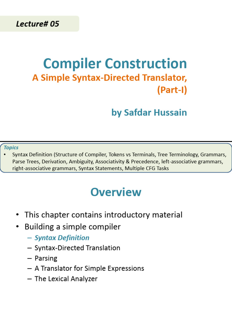 Lecture#5 - Chap#2 (Syntax Directed Translator (Part-I) ) | PDF | Compiler | Parsing