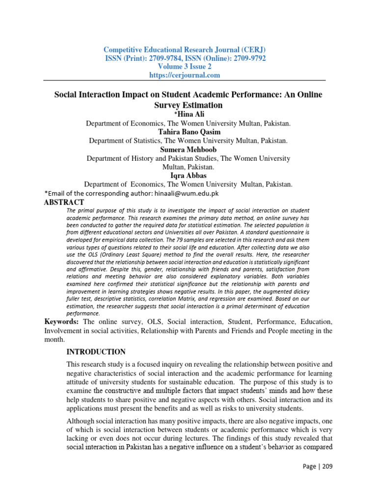 Social Interaction Impact On Student Academic Performance An Online Survey Estimation | PDF ...