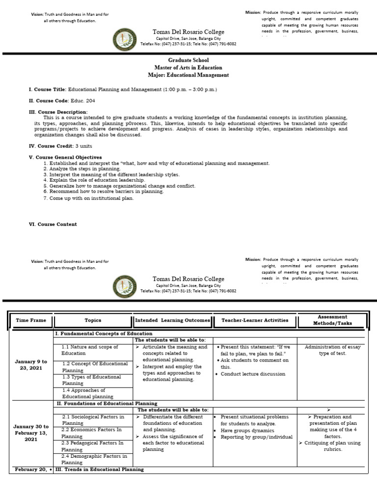 Syllabus On Educ 204 Educational Planning and Management | Download ...