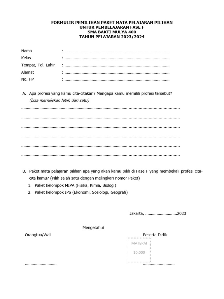 Formulir Pemilihan Paket Mata Pelajaran Pilihan Fase F | PDF