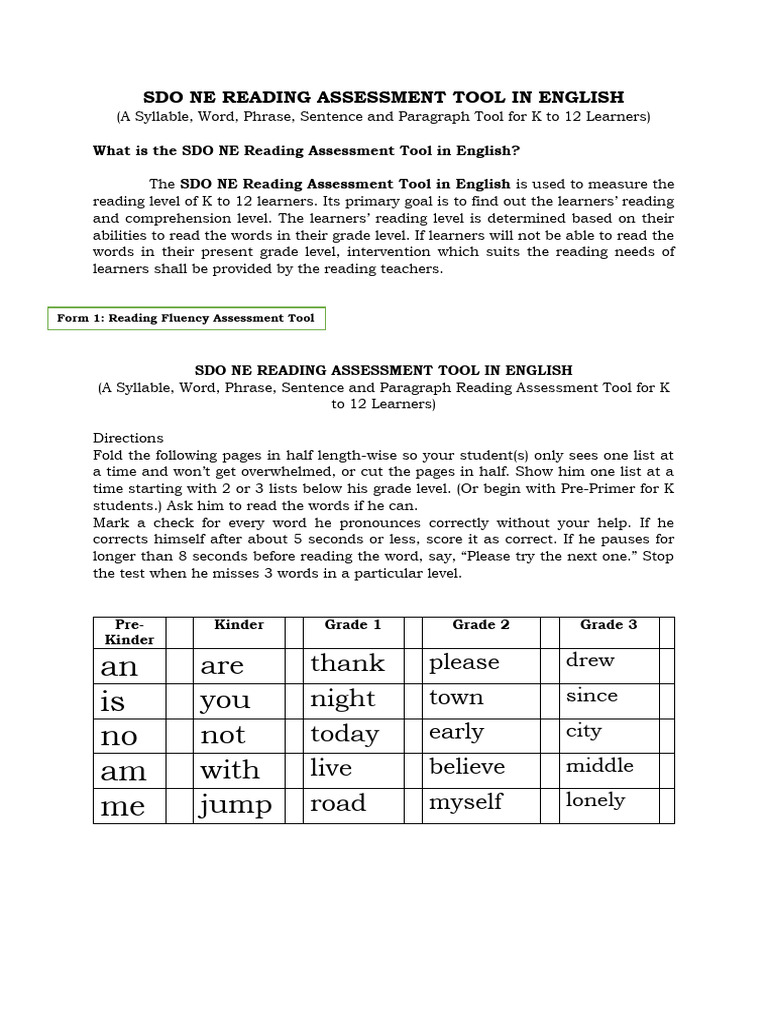 Sdo Ne Reading Assessment Tool in English | PDF