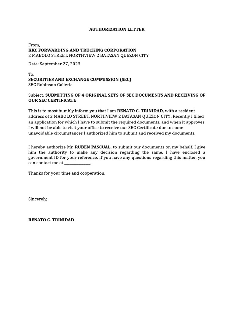 Authorization Letter for SEC Submission | PDF