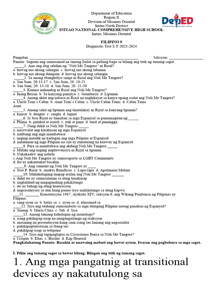 Semi-Final Exam (4th Quarter) Filipino | PDF