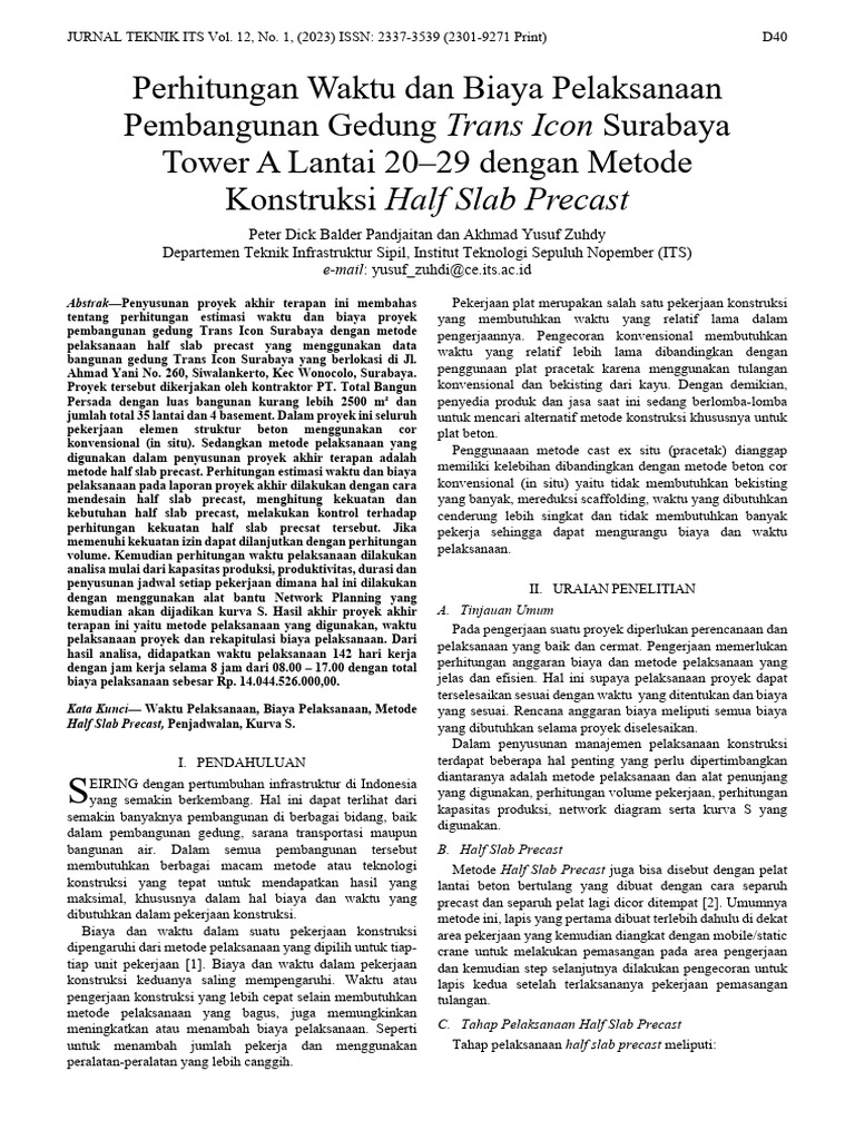 #1 Perhitungan Waktu Dan Biaya Pelaksanaan Pembangunan Gedung Trans Icon Surabaya Dengan Metode ...