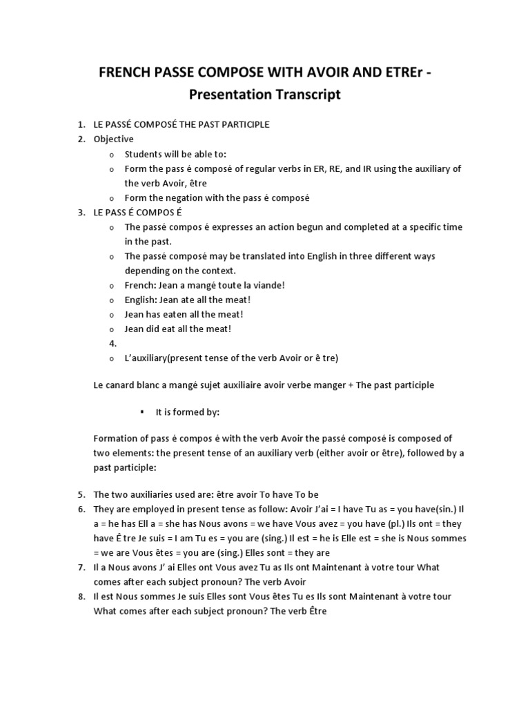 French Passe Compose With Avoir and Etrer | PDF | Morphology ...