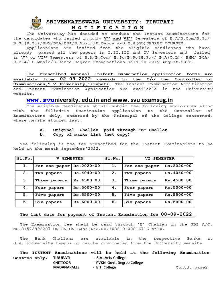 SVU Instant Exam Notification 2022 | PDF | Service Industries