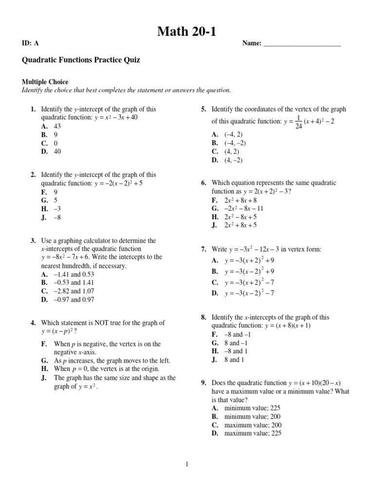Quadratic Functions Practice Test B Download Free Pdf Algebra