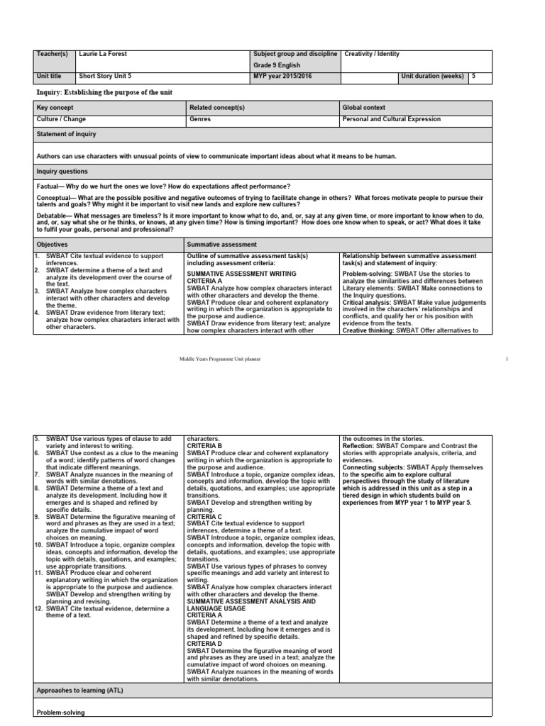 Unit Planner Short Story Unit 5 Grade 9, Q-1 Laurie | PDF | Critical ...