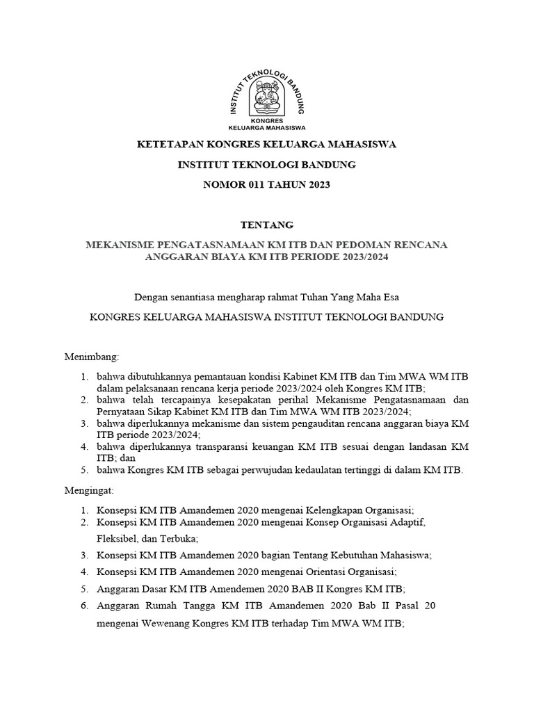 Tap 011 2023 Tentang Mekanisme Pengatasnamaan KM Itb Dan Pedoman ...