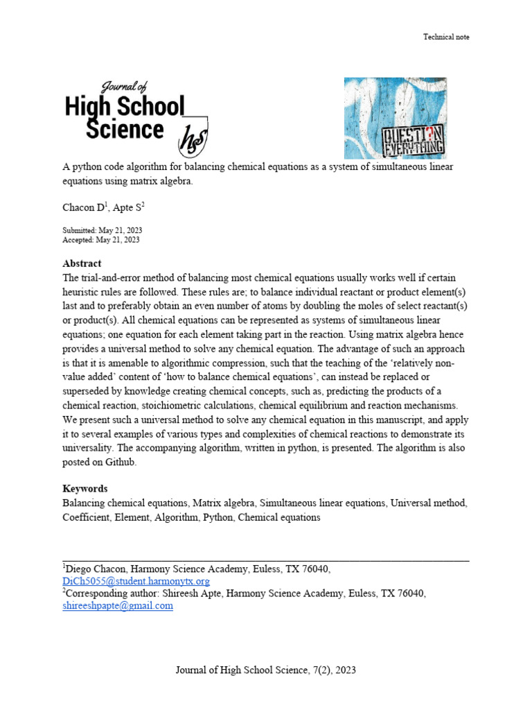 A Python Code Algorithm For Balancing Chemical Equations As A System of Simultaneous Linear ...