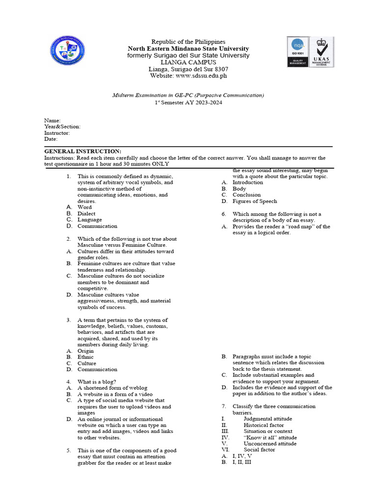 GE PC Midterm Exam | PDF | Communication | Nonverbal Communication