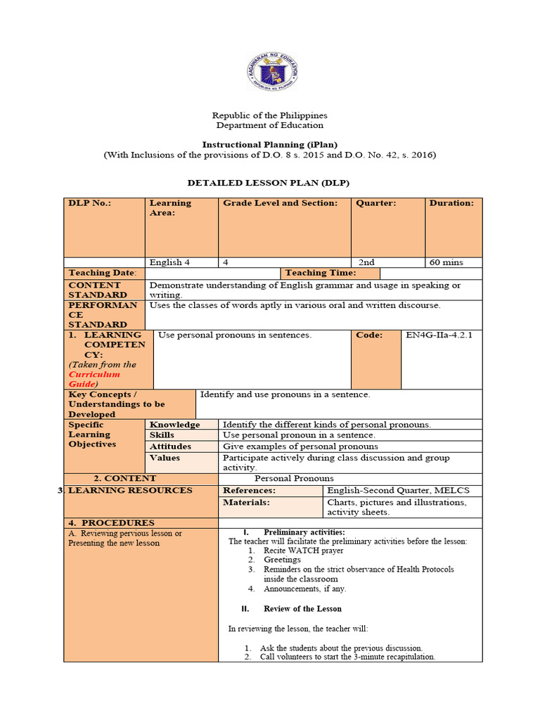 Detailed Lesson Plan for English 4 | PDF | Teachers | Lesson Plan