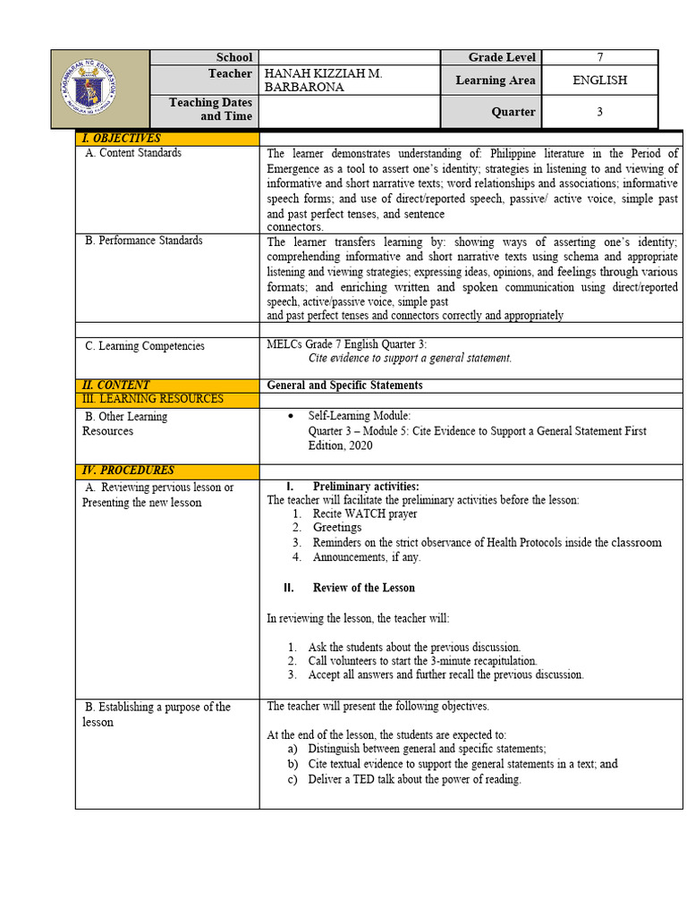 Grade 7 English Lesson Plan | PDF | Learning | English Language