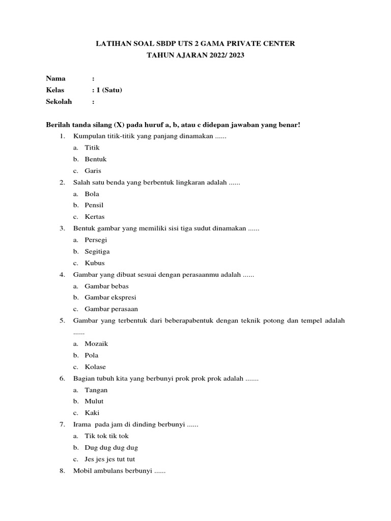 Soal Uts 2 Kelas 1 Sbdp Pdf