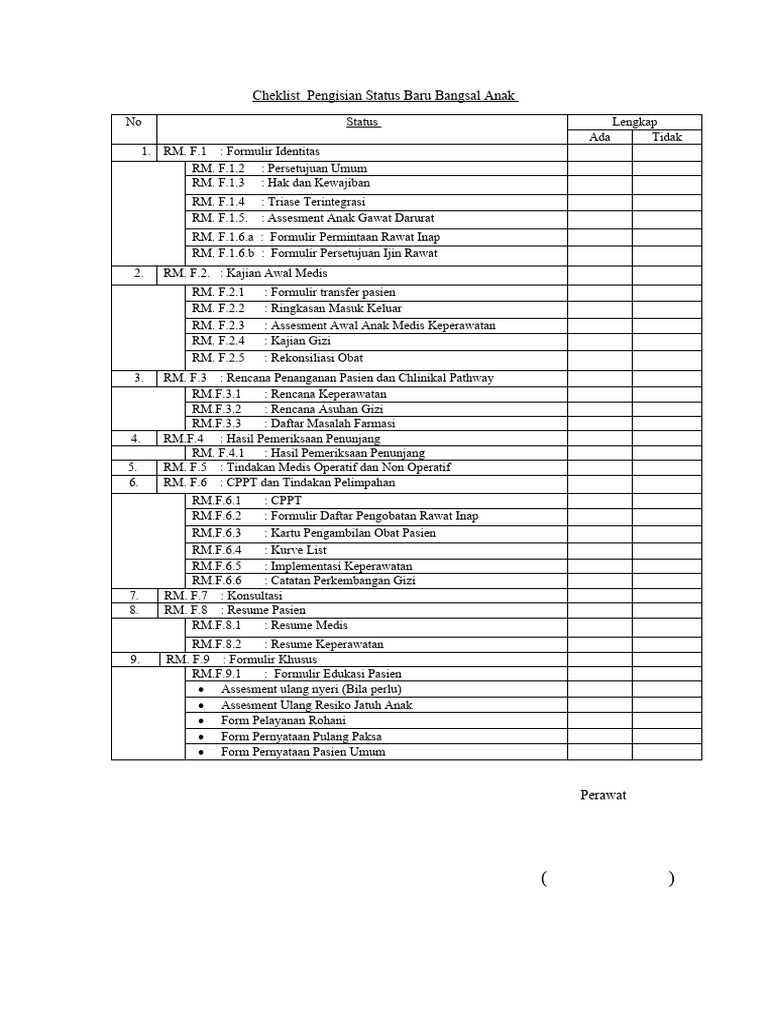 Cheklist Pengisian Status Baru Bangsal Anak | PDF