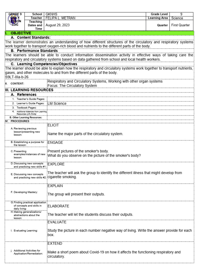 Grade 9 Science Lesson on Circulatory Systems | PDF | Learning | Teachers