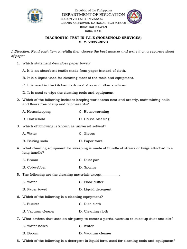 Diagnostic Test in Household Services | PDF | Housekeeping | Personal ...
