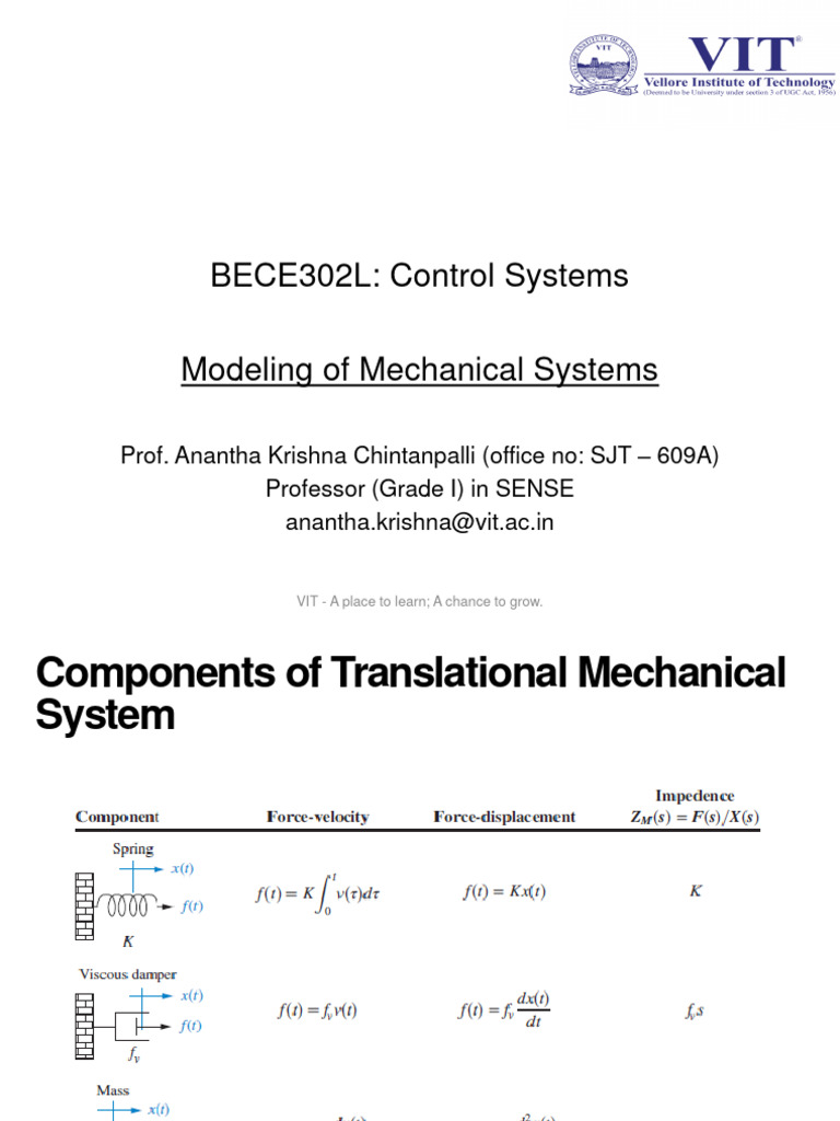 Modelling of Mechanical Systems - Control Systems - VIT Vellore | PDF ...