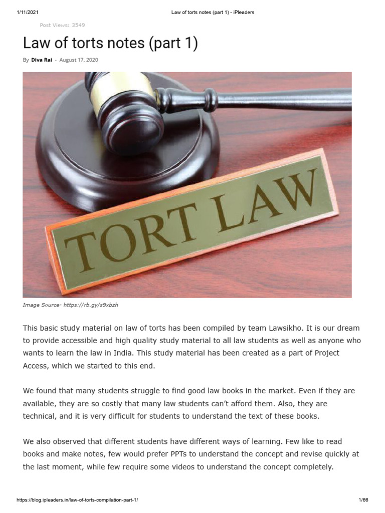 Law of Torts Notes (Part 1) - Ipleaders | PDF | Tort | Damages