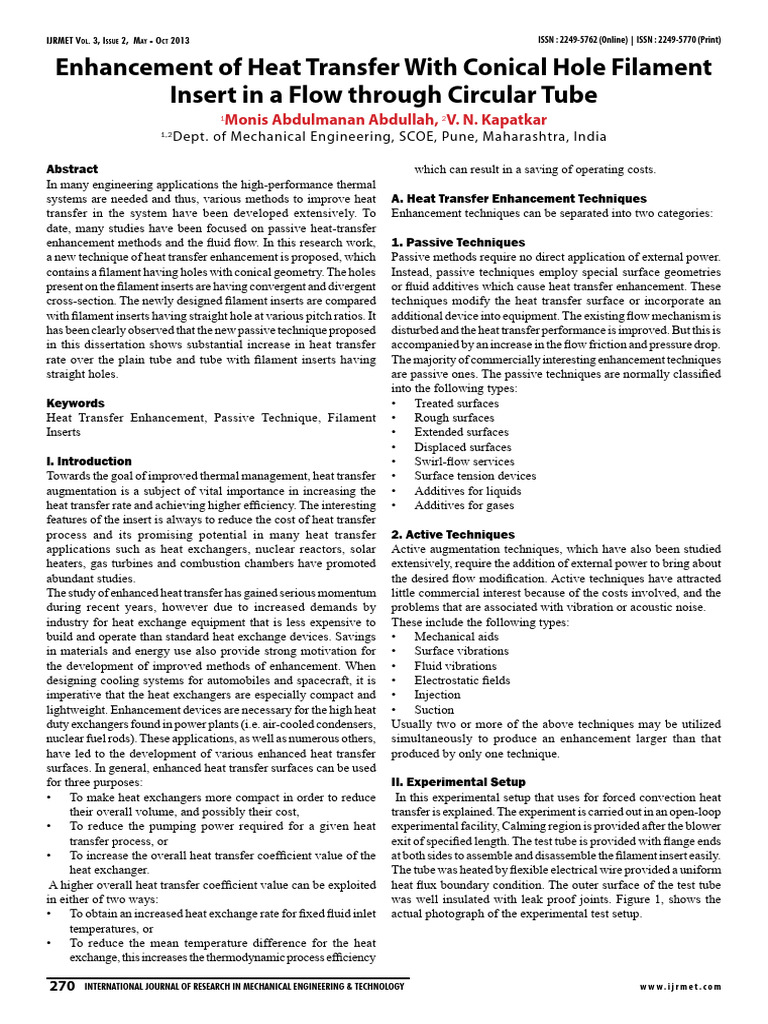 Enhancement of Heat Transfer With Conical Hole Filament Insert in A Flow Through Circular Tube ...