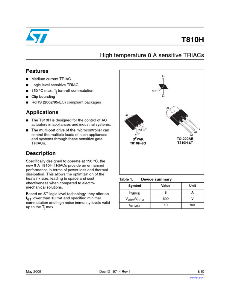 High Temperature 8 A Sensitive Triacs Features Download Free Pdf