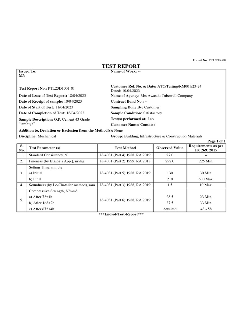 Test Report: Format No.: PTL/FTR-00 | PDF | Density | Brick
