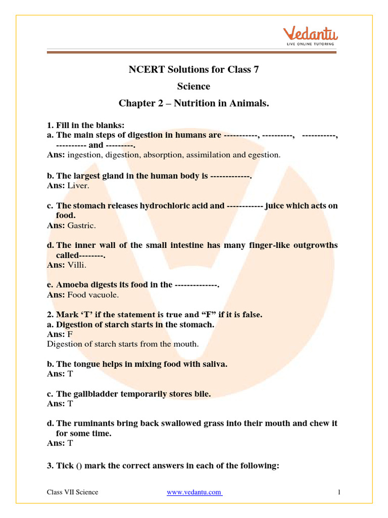 NCERT Solutions For Class 7 Science Chapter 2 - Nutrition in Animals ...