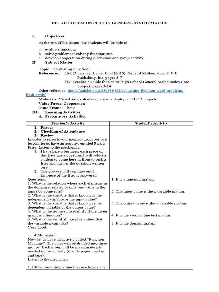 Detailed Lesson Plan in General Mathematics | PDF