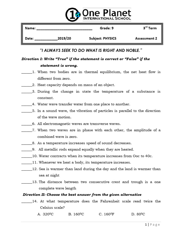 Grade 9-Physics Assessment 2 | PDF | Waves | Temperature