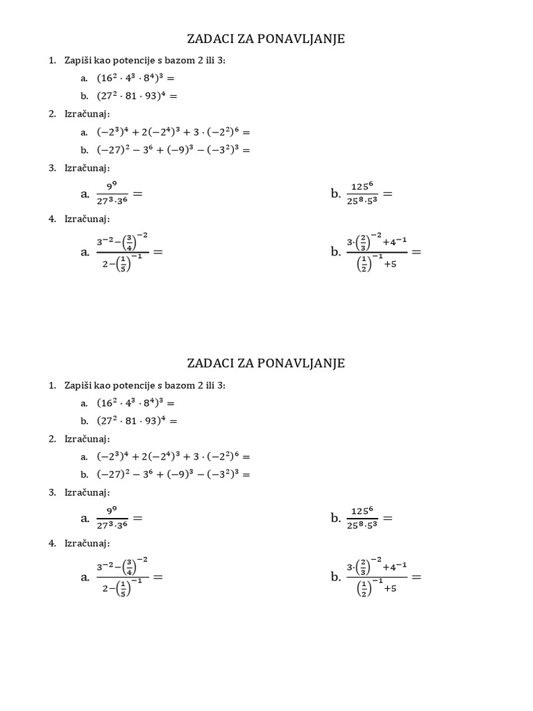 Zadaci Za Ponavljanje - Potencije | PDF