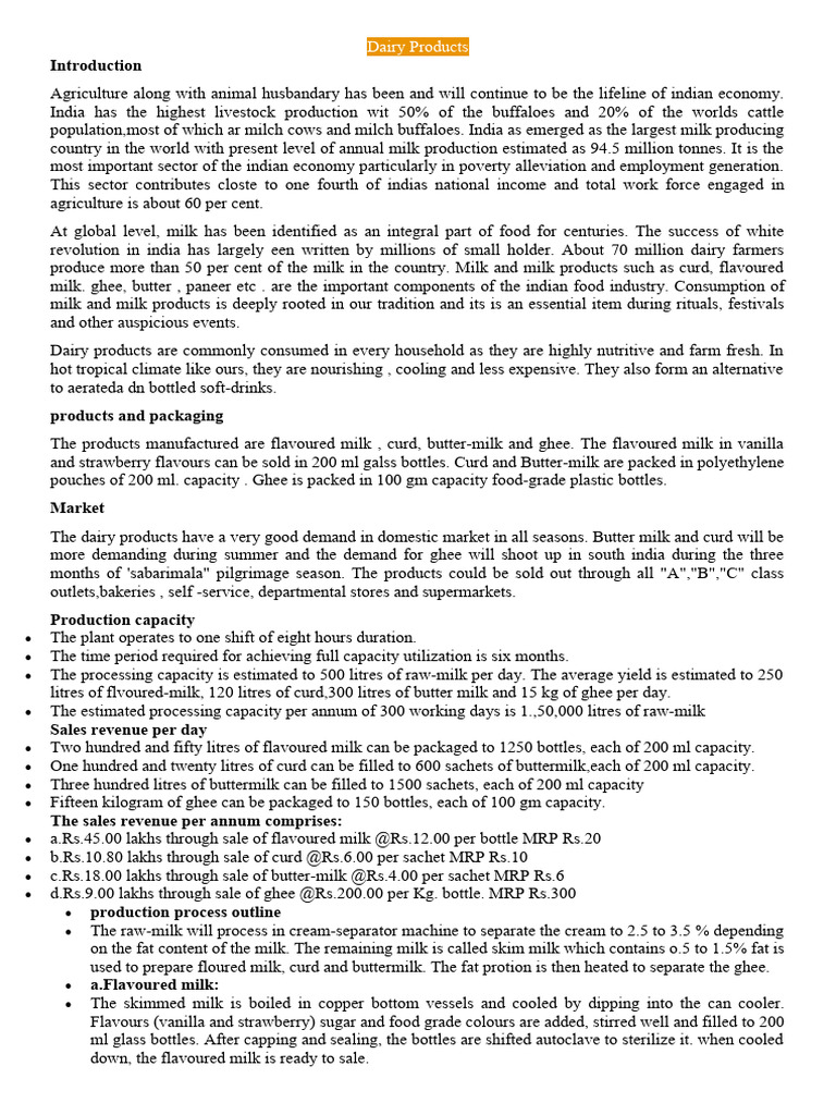 Dairy Products Plan | PDF