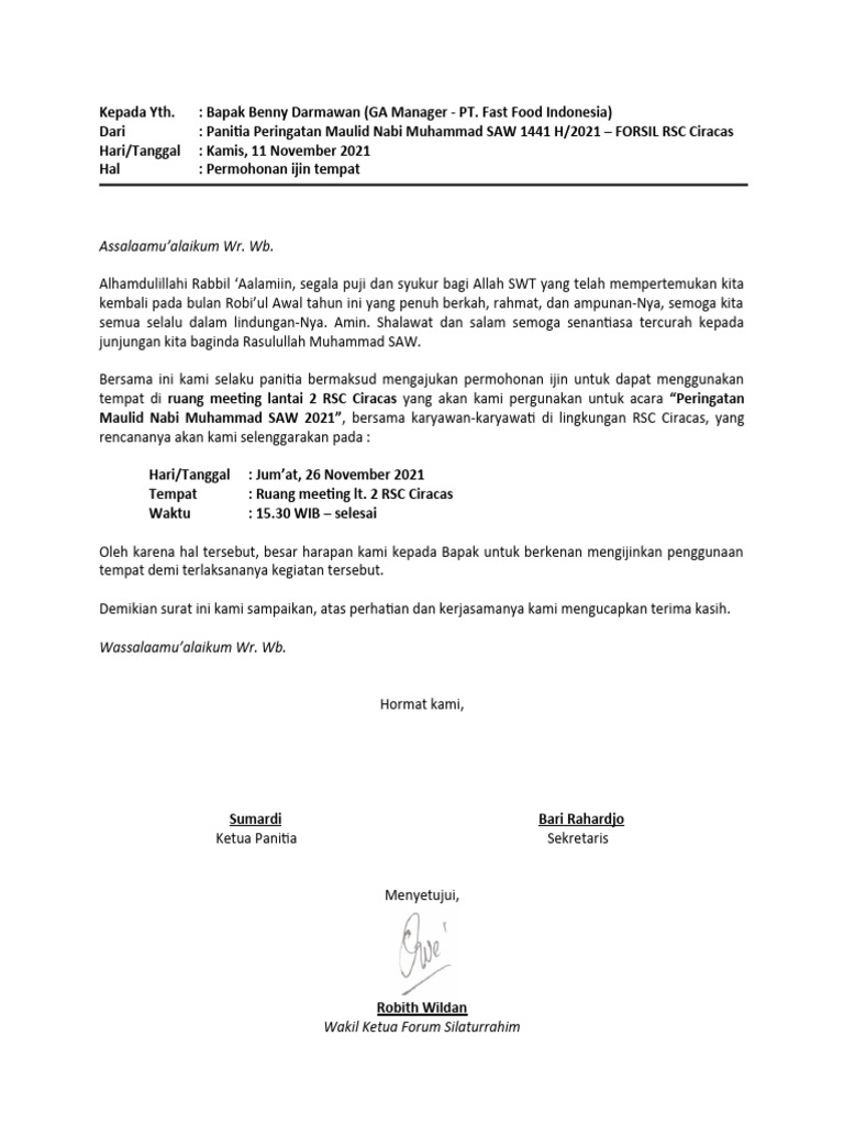 Surat Ijin Tempat Ke GA - Maulid 2021 | PDF