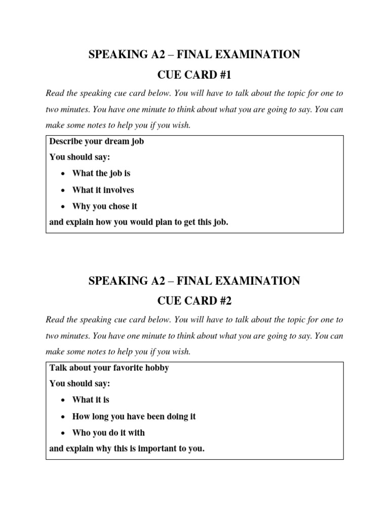 Speaking A2 Final Cue Card | PDF