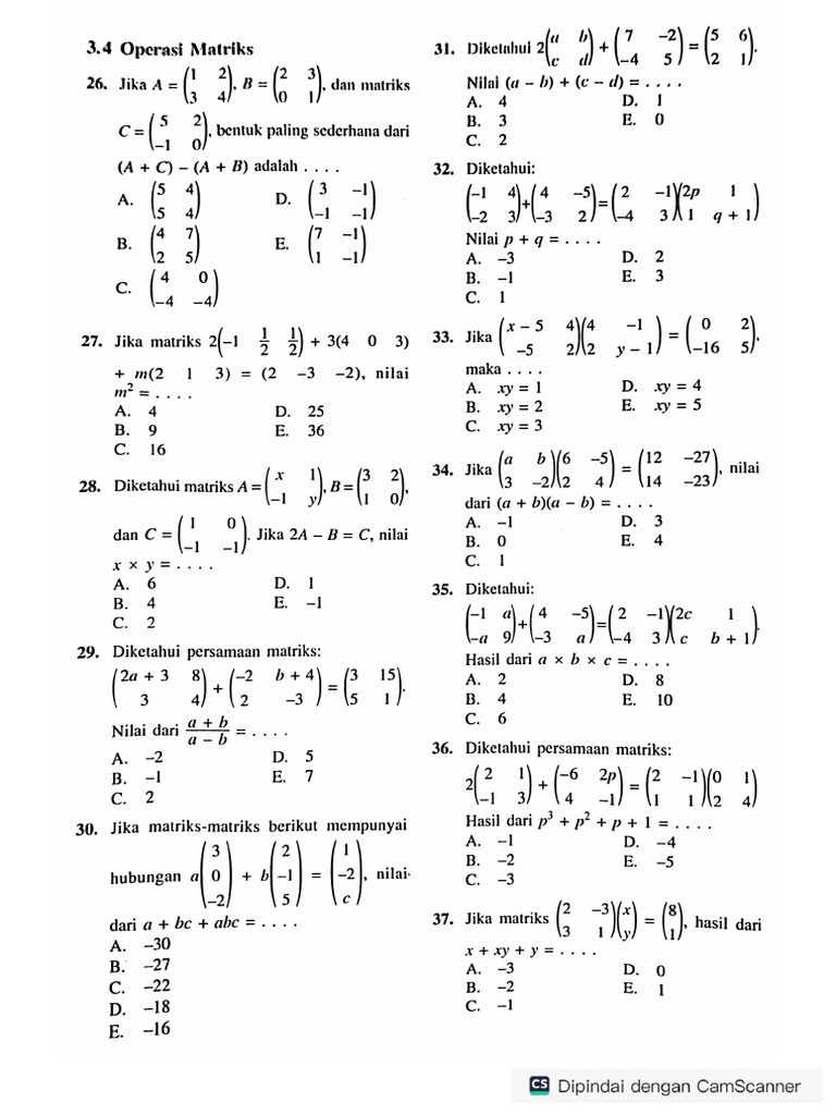 Soal Operasi Matriks Fiks | PDF Soal Operasi Matriks Fiks | PDF