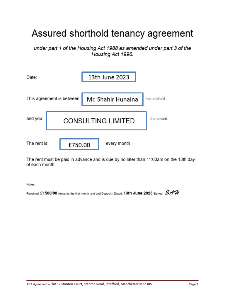 Assured Shorthold Tenancy Agreement: 13th June 2023 | Download Free PDF ...
