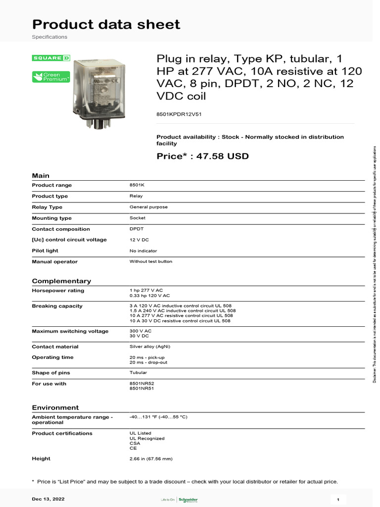 Square D 8501 Type K Relays - 8501KPDR12V51 | PDF | Relay | Switch