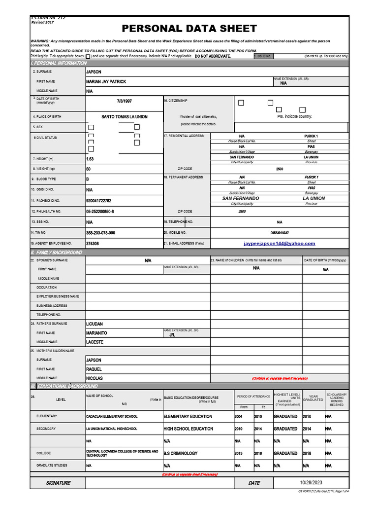 JAPSON CS Form No. 212 Personal Data Sheet Revised | PDF