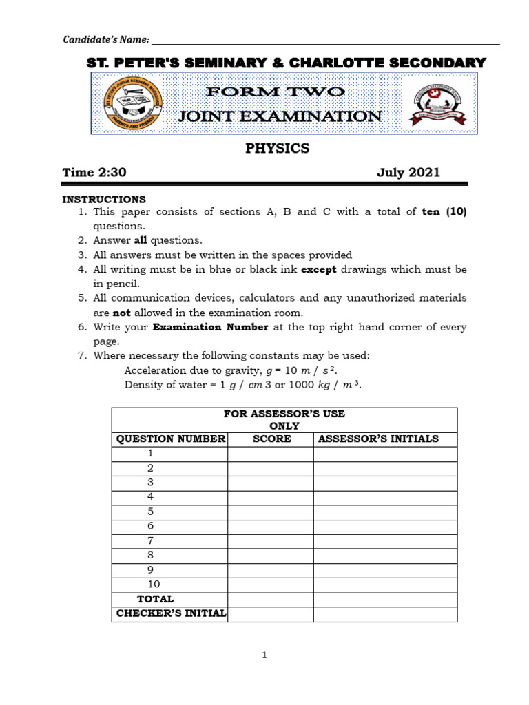 Physics Joint Form Two | PDF | Density | Temperature