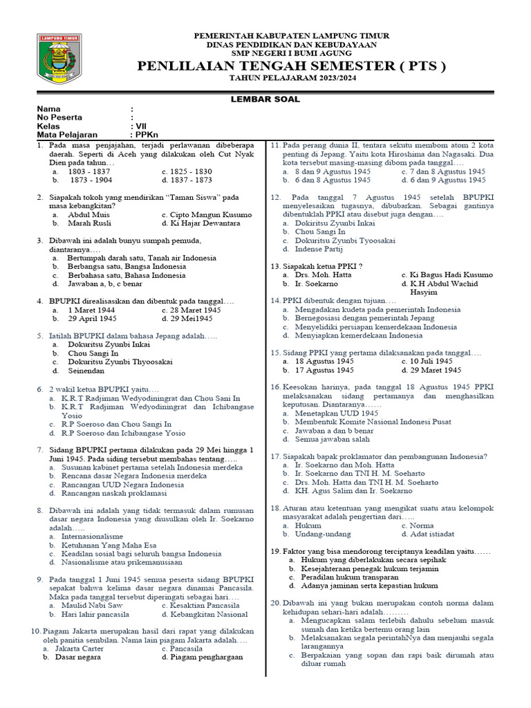 SOAL PTS PPKN PAK Kelas VII 23-24 Ganjil | PDF