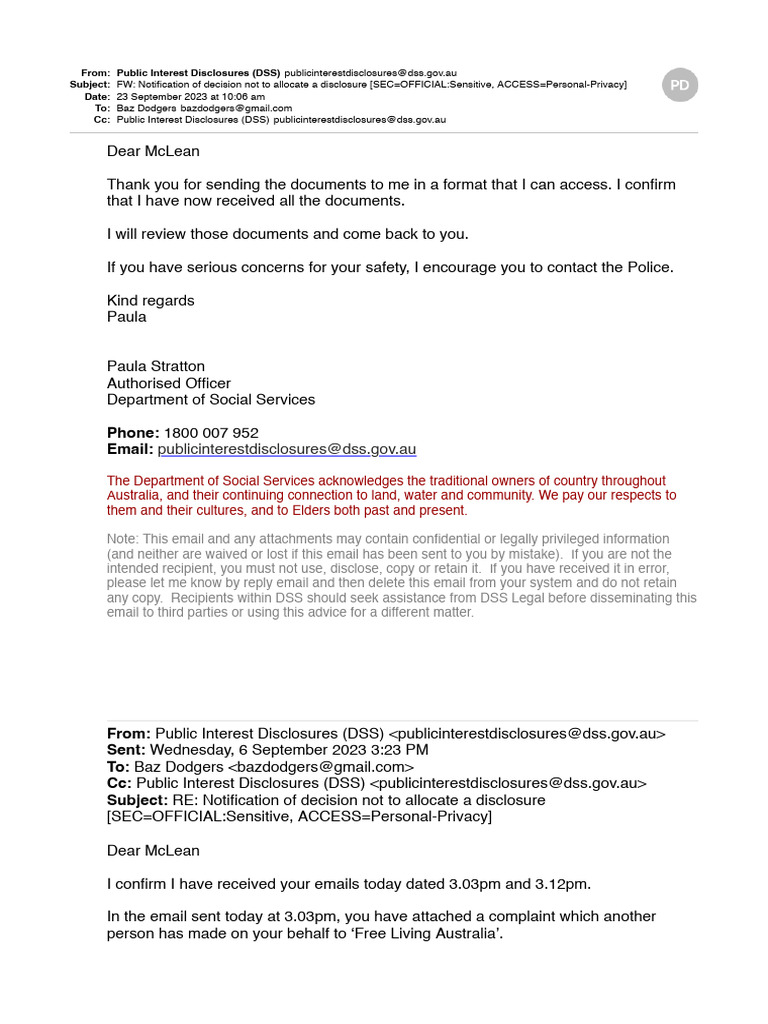 23 September Paula Stratton - Has Received Documents For PID - Notification of Decision Not To ...