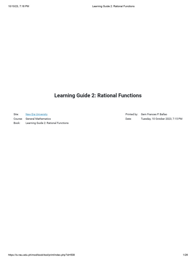 Learning Guide 2 Rational Functions Pdf Asymptote Function