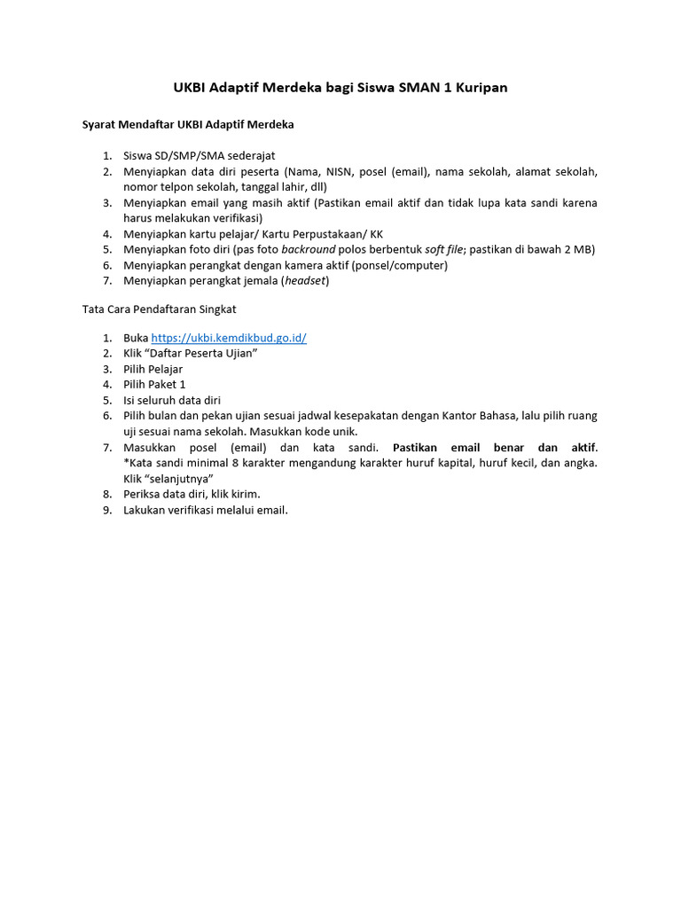 Tata Cara Pendaftaran UKBI Adaptif SMAN 1 Kuripan | PDF | Komputer